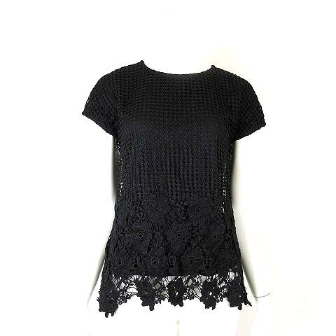 【中古】メルドロール Merdel'or カットソー トップス 総レース 花柄 切替 スカラップヘム フレンチスリーブ 半袖 M 黒 ブラック レディース 【ベクトル 古着】 260710表記サイズM実寸サイズ身幅：44cm　着丈：59cm...