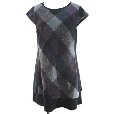 【中古】モングレ MONGRE チェック柄 半袖 チュニック 1 紺系 ネイビー 切替 ティアード 裏地 レディース 【ベクトル 古着】 251002表記サイズ1実寸サイズ肩幅：35cm　身幅：45cm　着丈：73cm　袖丈：9cm　　素材...