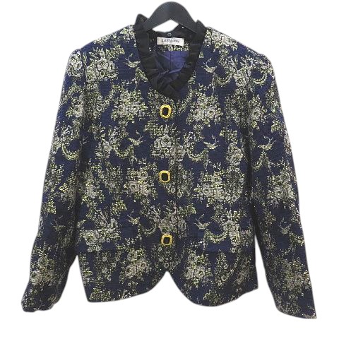 【中古】L'AUBE du NONA 長袖 ジャケット 13 紫系 パープル フリル衿 取り外し 花柄 ラメ 飾りボタン レディース 【ベクトル 古着】 251208表記サイズ13実寸サイズ肩幅：43cm　身幅：52cm　袖丈：54cm　着...