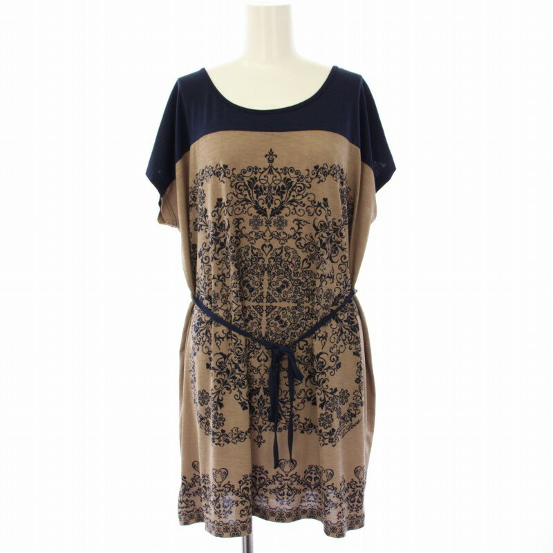 【中古】アンドラブ MASAMI SATOMI チュニック 半袖 総柄 LL ベージュ ネイビー 14PIS1204-18S /TK レディース 【ベクトル 古着】 250825表記サイズLL （バスト93-101/身長154-162）実寸...