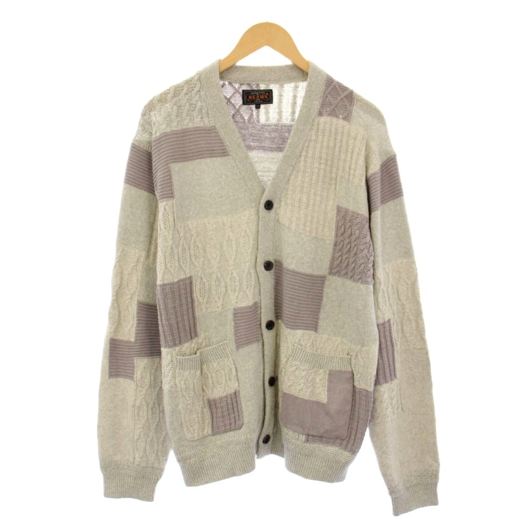 【中古】ビームスプラス BEAMS+ Cardigan Patchwork Like Jacquard ジャカードパッチワークカーディガン サマーニット 長袖 Vネック バイカラー 麻 リネン L グレー 紫 パープル 38-15-0173...