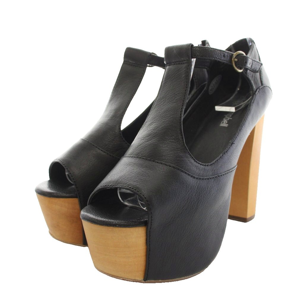 【中古】ジェフリーキャンベル Jeffrey Campbell フォクシー FOXY Tストラップ厚底サンダル オープントゥ チャンキーヒール レザー ウッド 箱付き 37 黒 ブラック 茶 ブラウン FJF581 /YT レディース 【ベ...