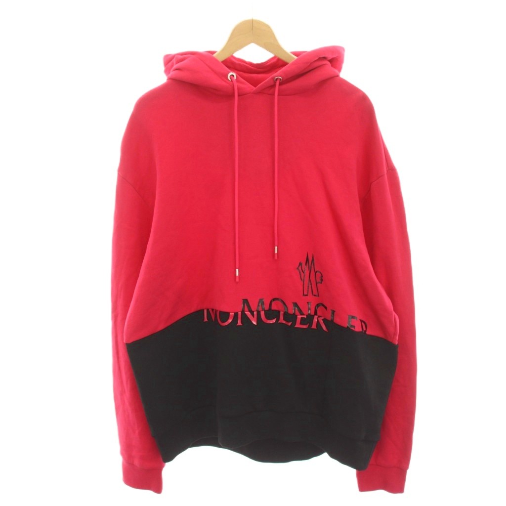 【中古】モンクレール MONCLER 23AW MAGLIA CON CAPPUCCIO パーカー スウェット プルオーバー プリント 長袖 XL 黒 ブラック ピンク G20918G00040 /HN メンズ 【ベクトル 古着】 2606...