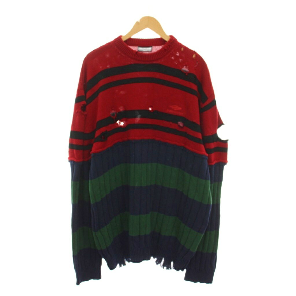 【中古】バレンシアガ BALENCIAGA 22SS Colorblock Distressed Knit ニット セーター ダメージ加工 ボーダー L 赤 レッド 紺 ネイビー 緑 グリーン 長袖 694254 T3232 /YM メンズ...
