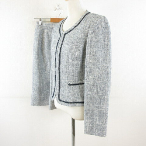 【中古】K&S スーツ セットアップ ジャケット ノーカラー 長袖 スカート ひざ丈 ツイード 白 紺 9AR *T118 レディース 【ベクトル 古着】 260310表記サイズ9AR実寸サイズジャケット 肩幅：35.5cm　ジャケット 身...