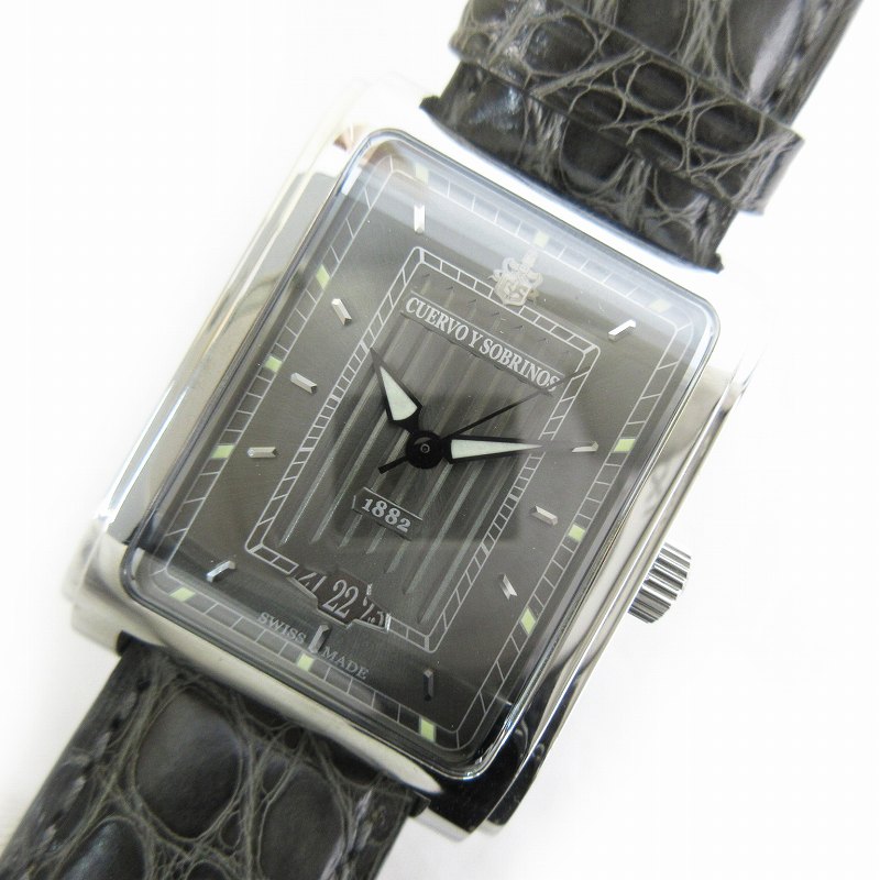 【中古】クエルボ・イ・ソブリノス CUERVO Y SOBRINOS A1015 プロミネンテ クラシコ デイト 腕時計 ウォッチ アリゲーターベルト 自動巻き グレー グリーン メンズ 【ベクトル 古着】 260308実寸サイズバンド幅：...