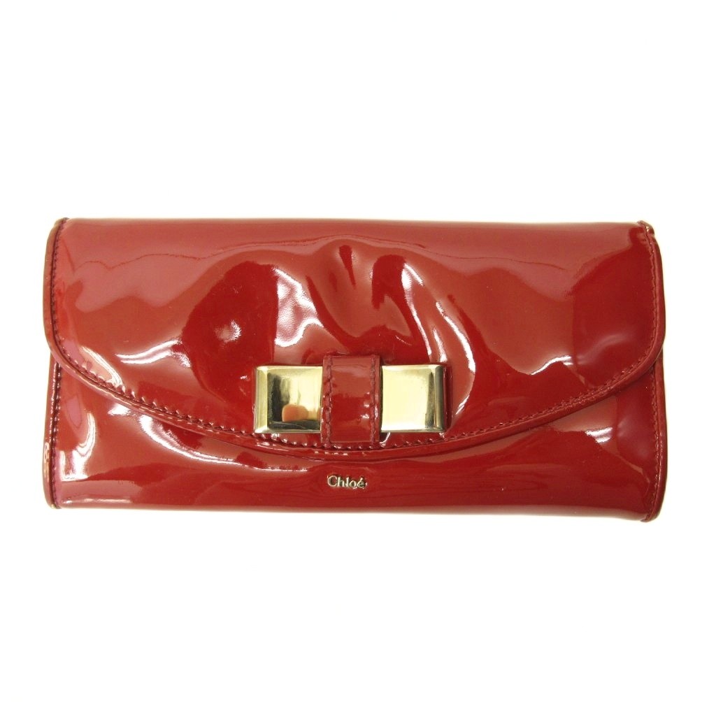【中古】クロエ CHLOE 長財布 ウォレット エナメルレザー リボンモチーフ 赤 レッド 0704 レディース 【ベクトル 古着】 260704ブランドクロエ CHLOE表記サイズ--実寸サイズヨコ：約19cm　タテ：約9.5cm　マチ：...