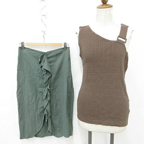 【中古】ザラ ベーシック ZARA BASIC パターントルソー Pattentorso スカート ニット 2枚セット タイト ロング フリル ワンショルダー 緑 茶 グリーン ブラウン M F レディース 【ベクトル 古着】 260614...