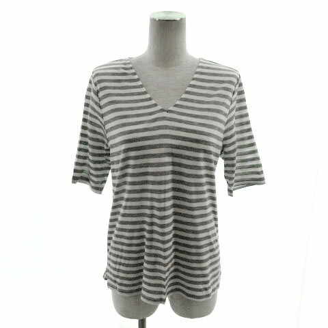 【中古】ソフール SOFUOL 大丸 カットソー Vネック 半袖 日本製 ボーダー グレー ホワイト 白 L レディース 【ベクトル 古着】 220817表記サイズL実寸サイズ肩幅：37cm　身幅：45cm　着丈：63.5cm　袖丈：29....