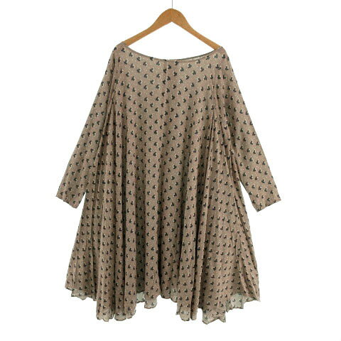 【中古】コンジェペイエ Conges Payes ワンピース ボートネック 長袖 ミディ丈 フレア 花柄 ブラウン 茶 ネイビー 紺 アイボリー レディース 【ベクトル 古着】 230220表記サイズ表記サイズなし ※実寸サイズをご確認下さ...