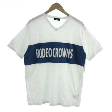 【中古】ロデオクラウンズワイドボウル RODEO CROWNS WIDE BOWL RCWB Tシャツ Vネック 半袖 ロゴプリント 配色 バイカラー コットン混 ホワイト 白 ブルー 青 XL メンズ 【ベクトル 古着】 230614ブラ...