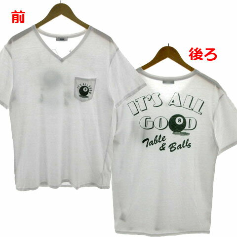 【中古】ロデオクラウンズワイドボウル RODEO CROWNS WIDE BOWL RCWB Tシャツ Vネック 胸ポケ エイトボール 半袖 バックプリント オーバーサイズシルエット コットン混 ホワイト 白 グリーン 緑 F レディース ...