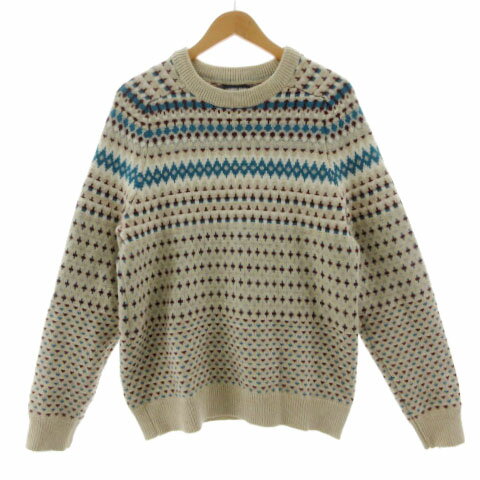 【中古】ランズエンド LANDS' END ニット セーター 丸首 長袖 ウール混 総柄 ベージュ オフ白 ブルー系 青系 エンジ XL メンズ 【ベクトル 古着】 250525ブランドランズエンド LANDS' END表記サイズXL実寸サ...