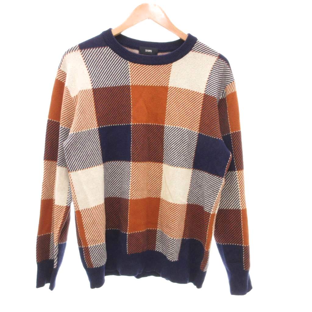 【中古】シップス SHIPS ニット セーター M 紺 ネイビー オレンジ 白 ホワイト カシミヤ混 ブロックデザイン クルーネック 長袖 /NU ■ECG003 メンズ 【ベクトル 古着】 260328ブランドシップス SHIPS表記サイ...