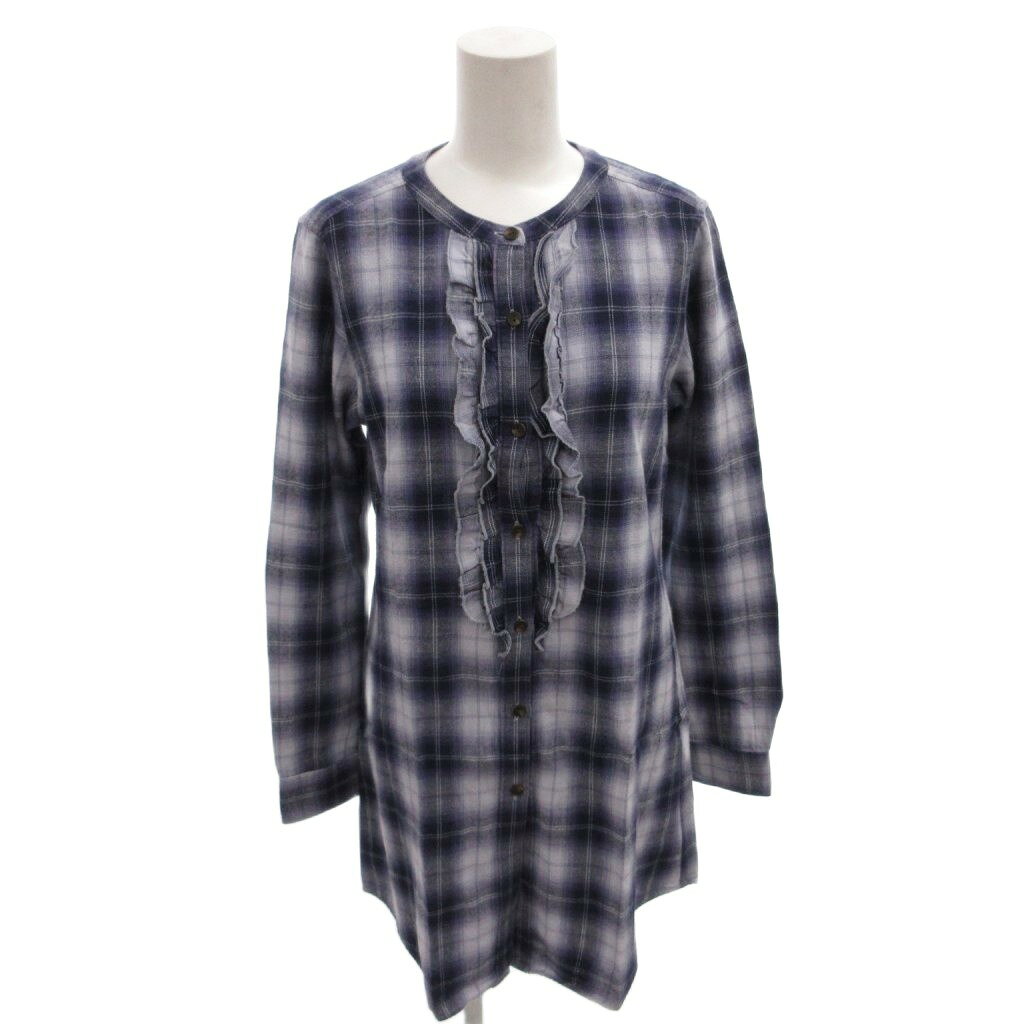 【中古】ユニクロ UNIQLO AUTHENTIC Flannel ノーカラーシャツワンピース M 紫 パープル 紺 ネイビー 白 ホワイト チェック柄 フリル 長袖 /TL ■ECF007 レディース 【ベクトル 古着】 260714ブラ...