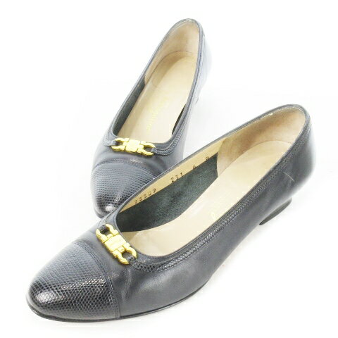 【中古】サルヴァトーレフェラガモ Salvatore Ferragamo BOUTIQUE パンプス ローヒール ラウンドトゥ レザー 革 リザード型押し ガンチーニ ロゴ 6 23.0cm 黒 ブラック 73309 /CK9 ■GY18 ...