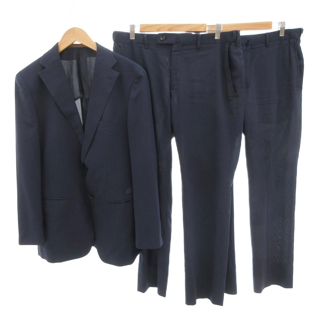 【中古】perfect suit factory スーツ セットアップ ジャケット パンツ×2本 スラックス 98 AB6 紺 ネイビー 織り柄 ノッチドラペル /FF ■GY44 メンズ 【ベクトル 古着】 251224表記サイズ98 A...