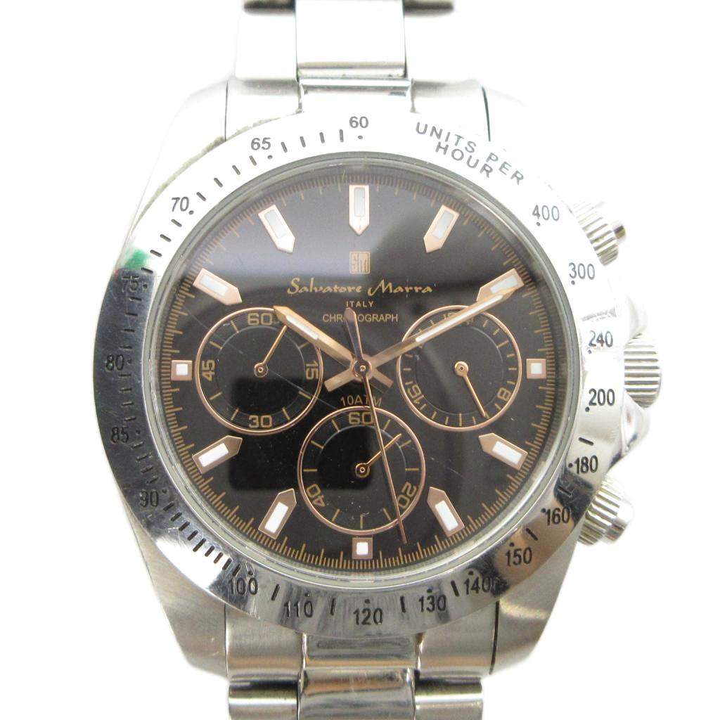 【中古】Salvatore Marra ジャンク品 腕時計 ウォッチ クォーツ 黒文字盤 クロノグラフ シルバー色 ■GY18 /MQ メンズ 【ベクトル 古着】 260620表記サイズ実寸サイズをご参考ください。実寸サイズバンド幅：約1....