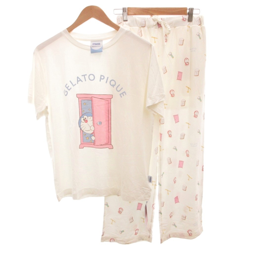 【中古】未使用品 ジェラートピケ gelato pique タグ付き 25AW ドラえもん セットアップ ワンポイントTシャツ 総柄 ロングパンツ ルームウェア パジャマ F 白 ホワイト /FF レディース 【ベクトル 古着】 26031...