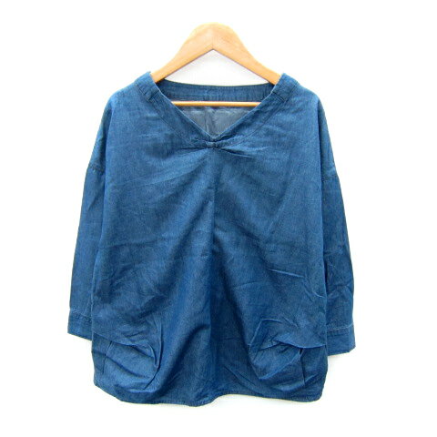 【中古】レジューヴ Rejoove ブラウス カットソー シャンブレー 七分袖 Vネック 無地 7 青 ブルー /SY9 レディース 【ベクトル 古着】 250910表記サイズ7 ※実寸サイズをご確認ください。実寸サイズ肩幅：57cm　身幅...