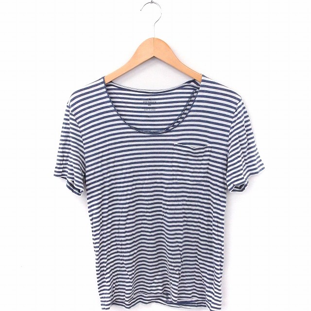 【中古】ステュディオス STUDIOUS Tシャツ カットソー ボーダー胸ポケット 丸首 半袖 L グレー ホワイト 白 /FT52 レディース 【ベクトル 古着】 200509 ブランド古着ベクトルプレミアム店ブランドステュディオス ST...