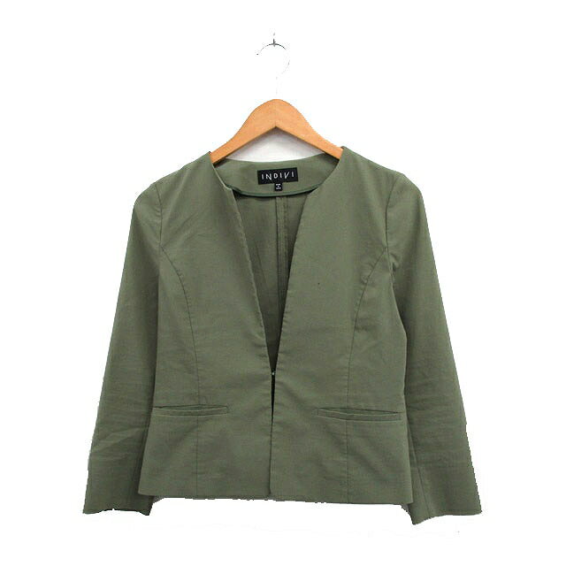 【中古】インディヴィ INDIVI ノーカラージャケット コットン混 シンプル グリーン 緑 /KT15 レディース 【ベクトル 古着】 250509ブランドインディヴィ INDIVI表記サイズサイズ表記なし。実寸サイズでご確認ください。実...