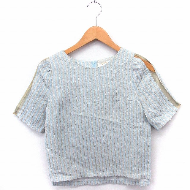 【中古】Omekashi シャツ ブラウス ストライプ 袖透け 丸首 半袖 F ライトブルー /FT49 レディース 【ベクトル 古着】 200904 ブランド古着ベクトルプレミアム店表記サイズF実寸サイズ肩幅：約30cm　身幅：約42cm...