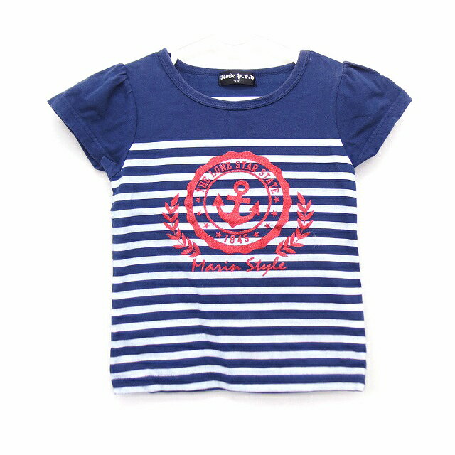 【中古】Rose p.r.b 子供服 Tシャツ カットソー クルーネック 半袖 パワーショルダー 綿混 ボーダー 柄 プリント マリン 110 ネイビー 紺 ホワイト 白 /HT11 キッズ 【ベクトル 古着】 211007表記サイズ110...