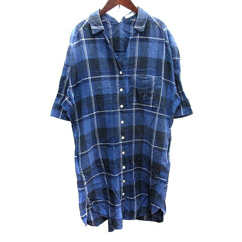 【中古】アズノウアズ ドゥバズ as know as de base シャツワンピース ひざ丈 チェック 麻 リネン ドルマンスリーブ 七分袖 M 青 ブルー /AU レディース 【ベクトル 古着】 260309ブランドアズノウアズ ドゥバ...