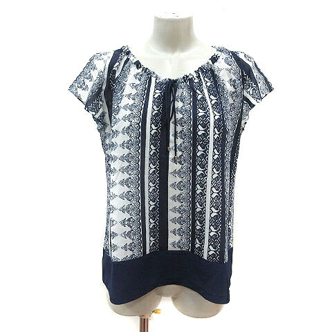 【中古】アンタイトル UNTITLED ブラウス 総柄 リボン フレンチスリーブ M 紺 ネイビー 白 ホワイト /MS レディース 【ベクトル 古着】 260605ブランドアンタイトル UNTITLED表記サイズM実寸サイズ身幅：約49c...