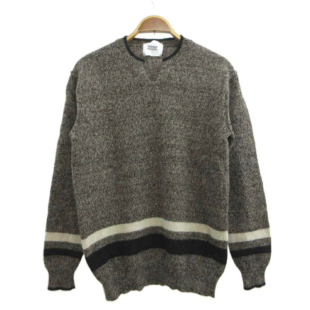 【中古】タケオキクチ TAKEO KIKUCHI ニット セーター ウール 2 茶 ブラウン 黒 ブラック オフホワイト Vネック ボーダー柄 長袖 /NP ■ECA006 メンズ 【ベクトル 古着】 260612ブランドタケオキクチ TA...