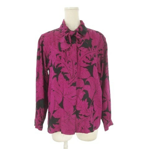 【中古】エマニュエル ウンガロ Emanuel Ungaro シャツ ブラウス 絹 シルク 9 紫 パープル モーヴ ジャカード サテン リーフ柄 長袖 ボウタイ /CK37 ■ECB006 レディース 【ベクトル 古着】 260701ブラ...