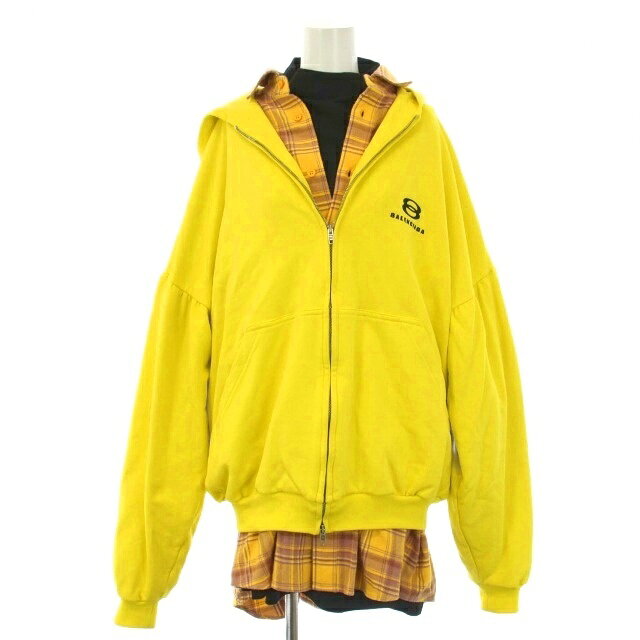 【中古】バレンシアガ BALENCIAGA Unity Sports Icon Layered Hoodie レイヤード パーカー 長袖 オーバーサイズ ジップアップ L 黄色 ネオンイエロー /TK メンズ レディース 【ベクトル 古着】...
