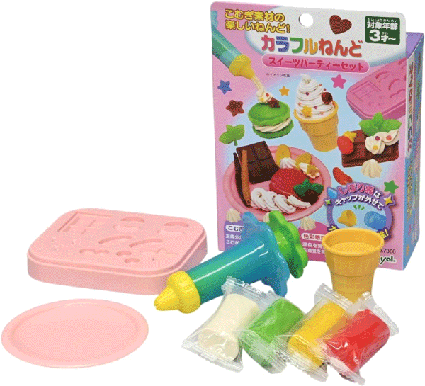 『こむぎ素材の楽しいねんど！』 ねんど型をつかっていろんなスイーツを作ってみよう！ ●しぼり器はキャップが外せてお掃除もラクラク！ ●いろんなアイデアを形にして、創造力・表現力を育みます！ ●混色を覚え、色彩感覚を育みます！ ●こむぎが主成...