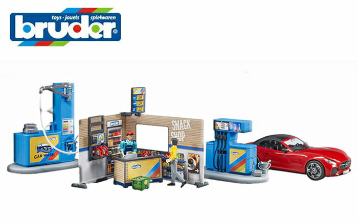 ほとんどすべてのBruder車両に、対応できる b-worldのガソリンスタンドが登場です。 電気自動車用の充電ステーションも完備。 汚れた車両は、洗車機をご利用いただけます。 付属のオンオフスイッチで実際に水の放出も可能です。 ※使用状況...