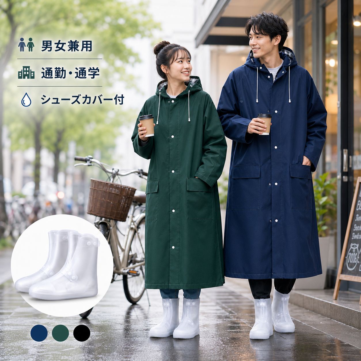 雨の日の全身対策を、便利な2点セットで。 男女兼用ロングレインコート＋防水レインシューズカバー セット内容 ・男女兼用ロングレインコート × 1着 ・防水レインシューズカバー × 1足（左右セット） 雨の日の自転車、通勤、通学、買い物、送迎...