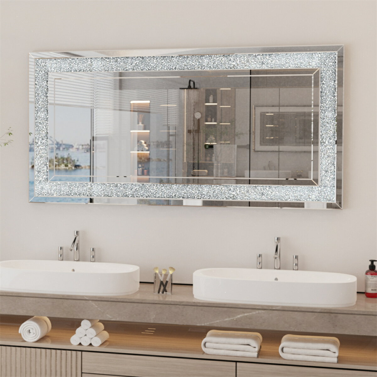 商品名 ウォールミラー 商品サイズ 120*60*2.8cm 材質 50% MDFボード+50% ガラス カラー シルバー 製品重量 約16.4kg 商品特徴 ★エレガントなウォールミラーにキラキラ光るクリスタルダイヤモンドが付いています。...