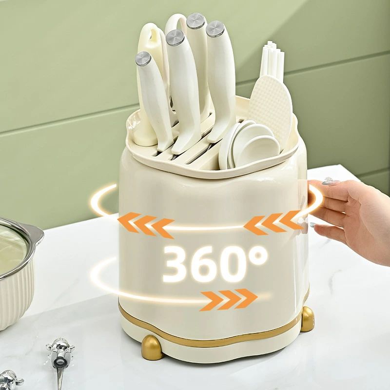 【製品詳細】サイズ：19*19*22cm。色：ベージュ。素材：安全、衛生的なPP素材。【360度回転設計】底部は360度回転設計を採用しており、必要なツールを簡単に取り出すことができ、操作の利便性を向上させます。【多機能収納】ナイフラック、...