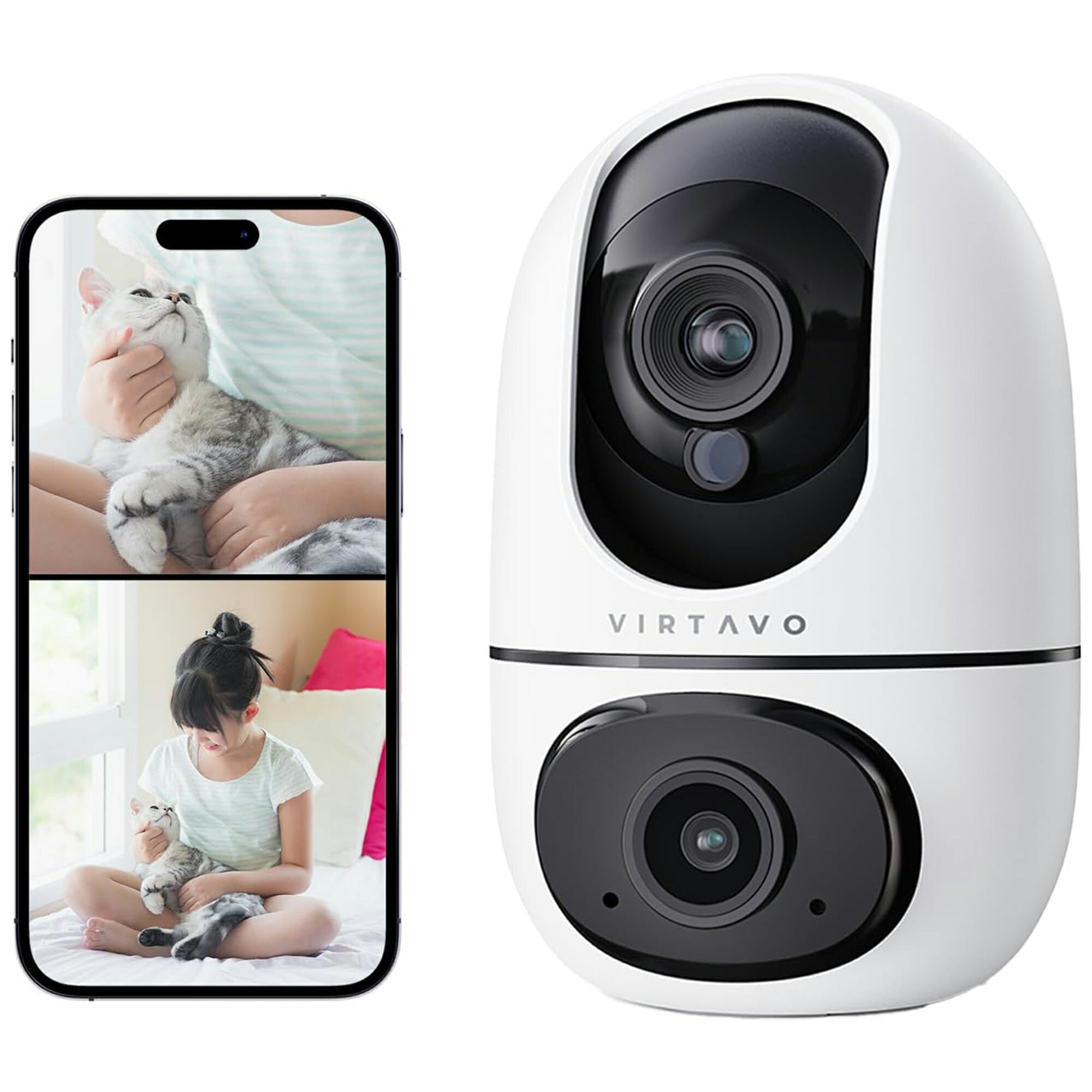 1台で「2か所同時見守り」。ペット・赤ちゃん・ご家族の様子を、見たい場所から逃しにくい室内カメラです。 【主な特長】 ・2レンズ一体型：首振り（PTZ）レンズ＋固定広角レンズで、部屋全体と特定エリアを同時にチェック ・自動追尾：動きを検知す...