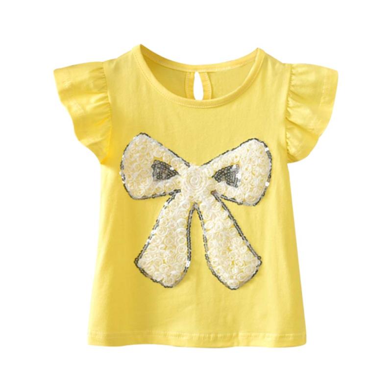 [LSMUDKINGDOM] スパンコール tシャツ キッズ 女の子 リボン 花柄 袖フリル トップス 子供用 可愛い 普段着 夏【夏服】胸先に大きなリボン柄がパッと目を惹くガールズtシャツです。【素材】柔らかい生地で肌触りも良く、着心地が...