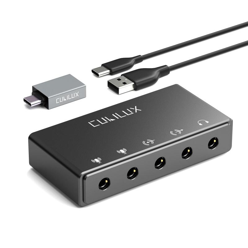 Cubilux CB5 USBオーディオインターフェース 録音/ストリーミング/ポッドキャスティング用 USBから3.5mmサウンドカード ステレオマイク入力 ライン入力 ラインアウト モニター用ヘッドホンジャ[5イン1オーディオハブ] -...