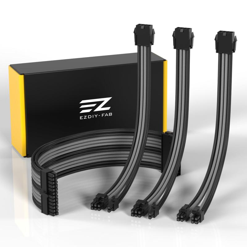 EZDIY-FAB PC用スリーブケーブル GPU/CPU用pc電源 ATX 3.0/3.1規格対応 18AWG 高性能銅芯 24ピンATX (1本)/ 8ピンCPU(1本) / 6+2ピンGPU(2本) 30cm 4本1セット PSU用 ...