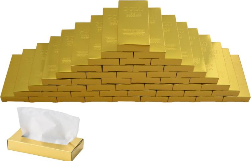 【45箱セット】ゴールドバー 金の延べ棒風 ミニボックスティッシュ 10W 黄金に光り輝くゴールド色のミニボックスティッシュ 景品 粗品 参加賞 45箱入りだから9段のピラミッド型に組み上げゴールドバーのような金色に輝くボックスティッシュ ...