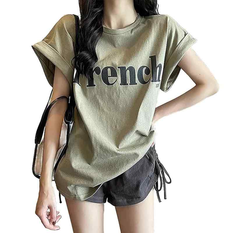 [Leadamon-oee] Tシャツ レディース 半袖 カットソー ロゴプリント トップス フレンチスリーブ 丸首 ビックtシャツ ゆったり 体型カバー 薄手 ストリート オフィス 着瘦せ 通勤 春 夏服