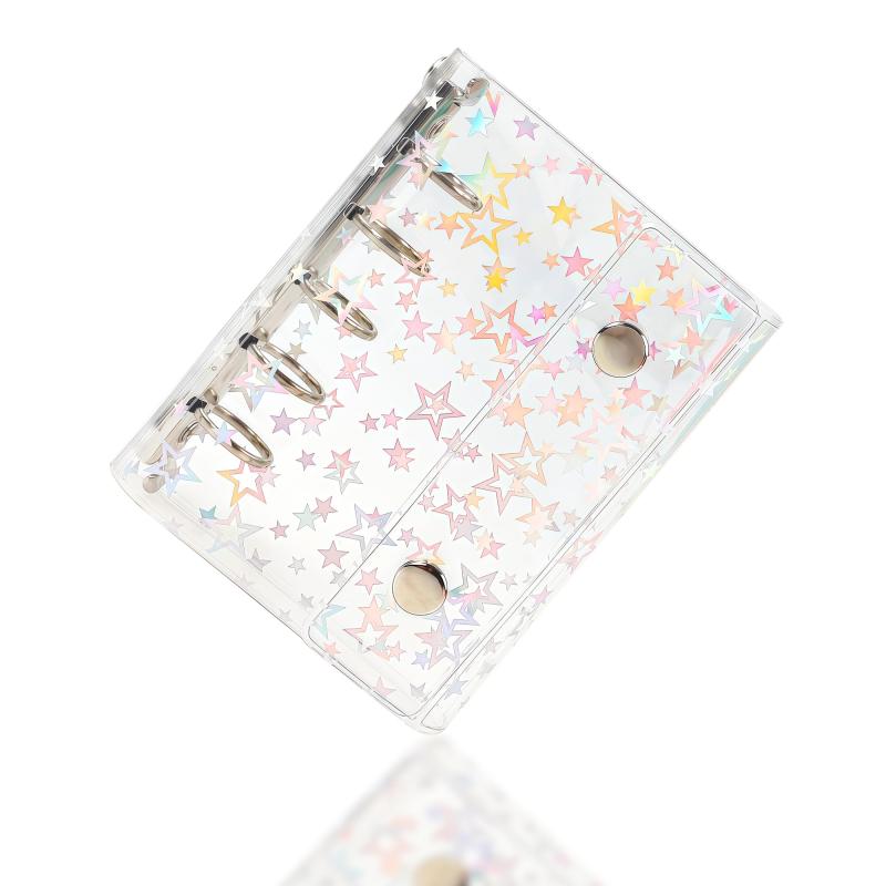 JUNART 透明シールバインダー 星型模様 5穴シール帳 防水PVC ダブルスナップボタン 片面リフィル20枚付き シール帳 手帳 フォトアルバム 推し活に【魅力的なデザイン】JUNART の透明シール帳 バインダーは、星模様が全面に配さ...
