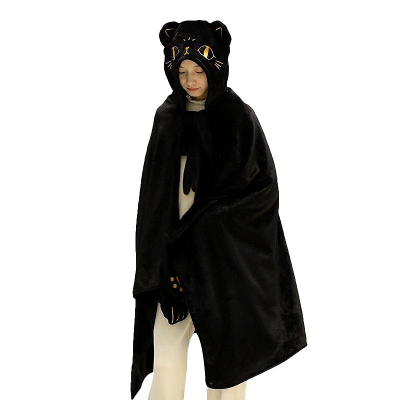 [LAVASEON] 着る毛布 ブランケット かわいい ねこ耳 パジャマ フード付き 手袋 前開き 男女兼用 ケープ風 フランネル生地 あったか ふわふわ もこもこ 厚手 丸洗い お昼寝毛布 ルームウェア 防【素材とサイズ】：100％ポリエ...