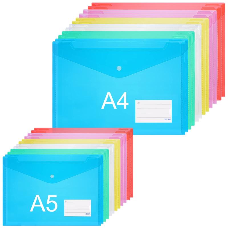 ZCZN ファイル袋 ボタン式 クリアファイルバッグ A4 封筒型ファイル a4 透明カラー 6色