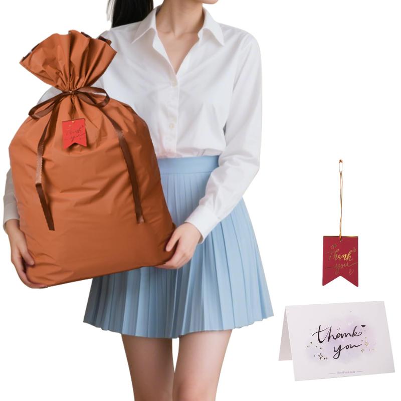 ラッピング 袋 大 45x56cm 大容量 おしゃれ 大きい 特大 包装袋 シンプル 可愛い プレゼント 誕生日 リボン付 メッセージカード付き 二重構造【ラッピング 袋 大 - サイズ】約45cmx56cm+底マチ12cm【ラッピング 袋...