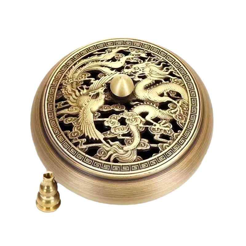 DAIVARNING 蓋付き香炉 銅製 丸型香炉 仏壇 リラックス 瞑想 お香立て付属渦巻き型のお香を焚きたい時にピッタリ：渦巻き型のお香や線香を焚きたい時にご活用いただける蓋付きの丸型香炉です。蓋部分の鳳凰と龍の装飾が特徴的な香炉で、和室...