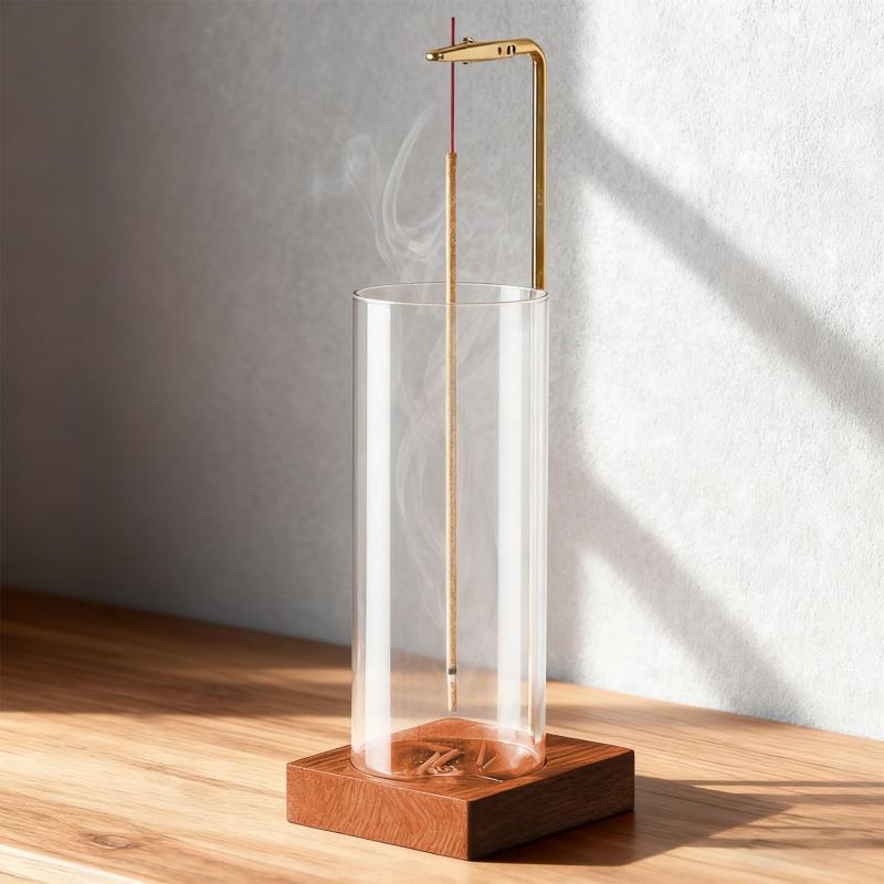 お香立て 灰がこぼれない 吊り下げ式 おしゃれ ガラス製 香炉 線香立て キャンドルホルダー兼用 長香対応 天然木 インテリア 仏壇 寝室 玄関 書斎 瞑想 ギフトお香立て 吊り下げ式 灰がこぼれない ガラス製 天然木ベース LEDライト付...